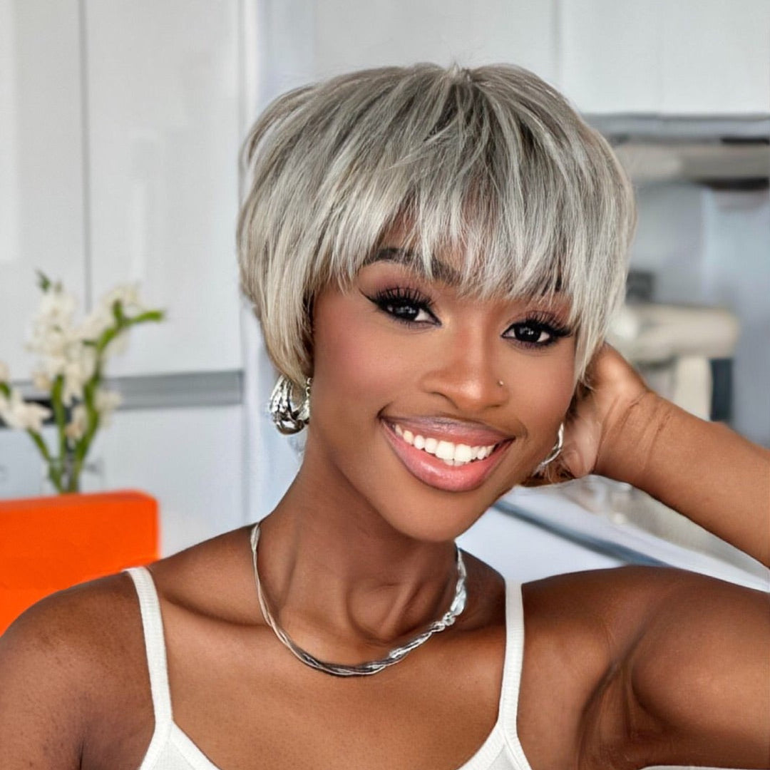 Ash Grey Layered Pixie Cut Glueless Human Hair Wig With Bangs – Elle Vane