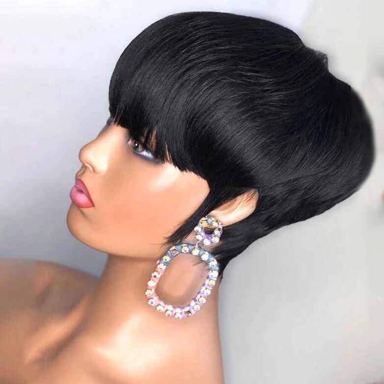 Put On & Go Short Wigs Layered Pixie Cut Human Hair with Bangs Bob Wig ...